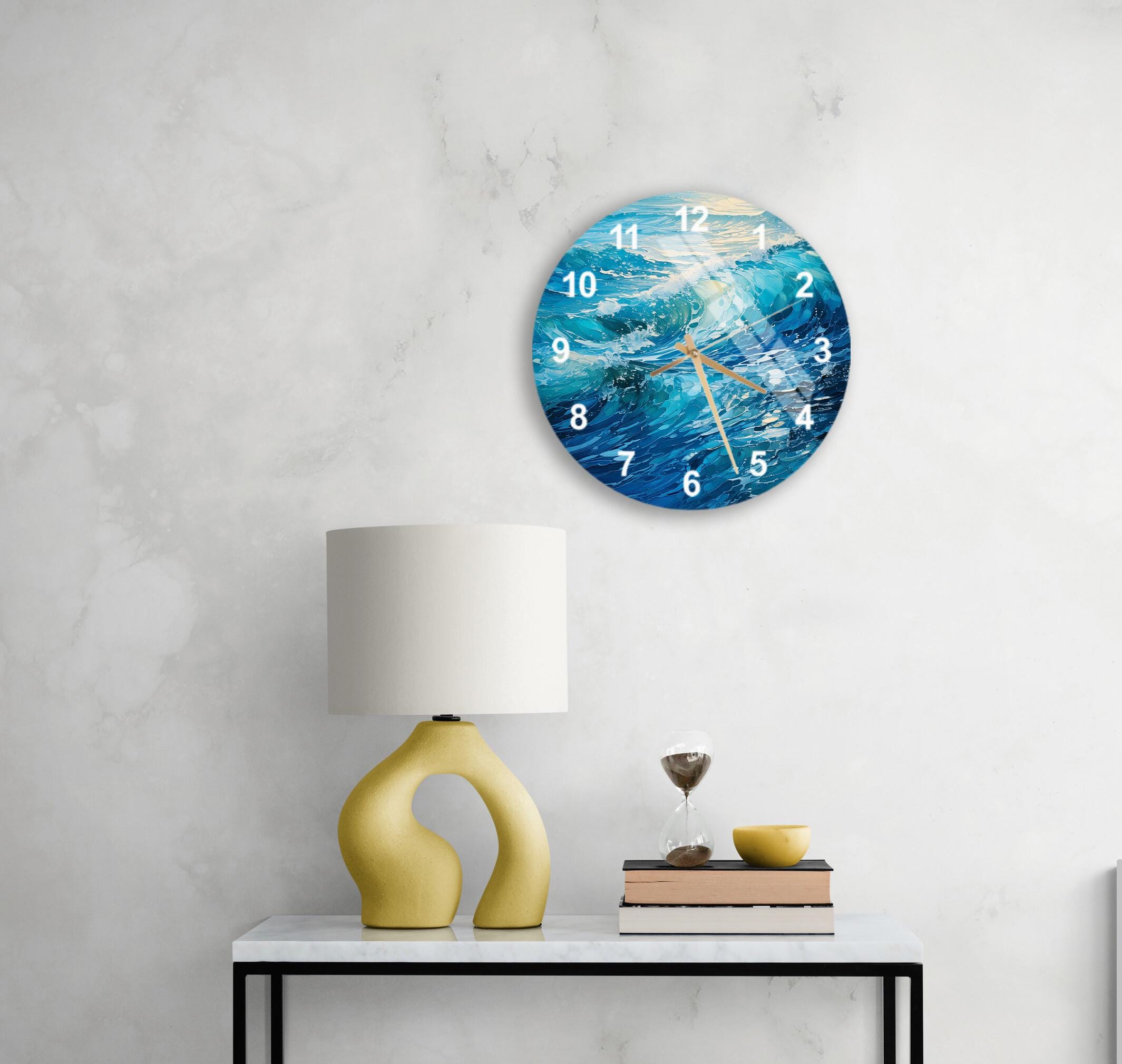 Coastal Wave Glass Wall Clock With Artistic Ocean Design, Tempered ...