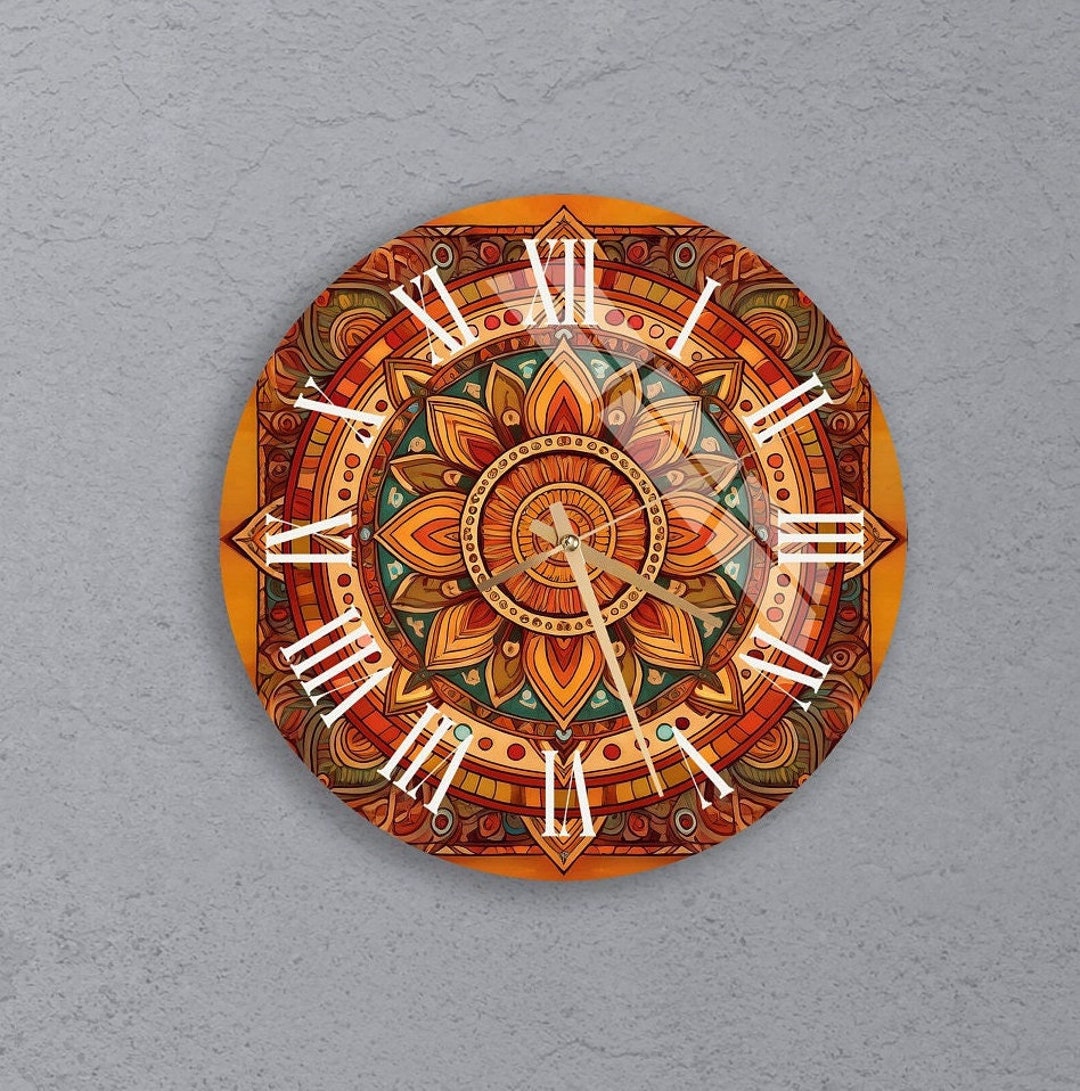 Boho Glass Wall Clock Wall Art, Mandala Tempered Glass Wall Clock, Warm ...