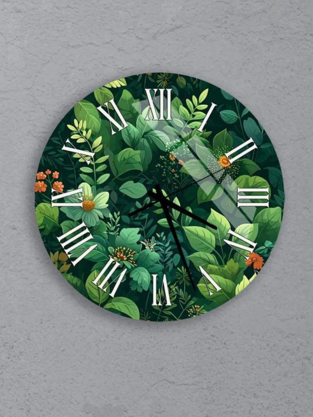 Botanical Wall Art Clock: Jungle Theme Design, Tempered Glass Surface ...