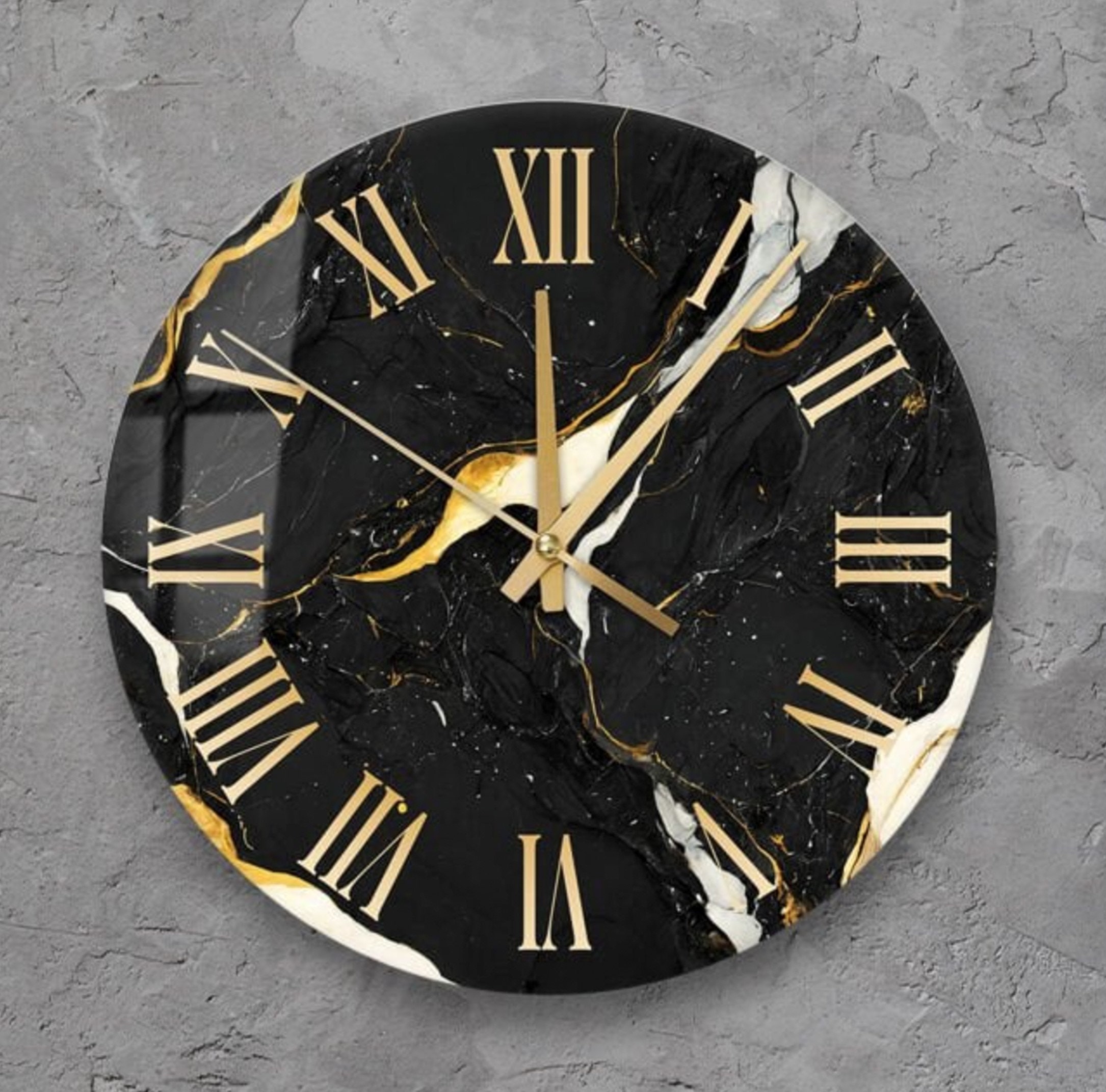 Glass Abstract Wall Clock Wall Art, Black Marbled Style Modern Roman ...