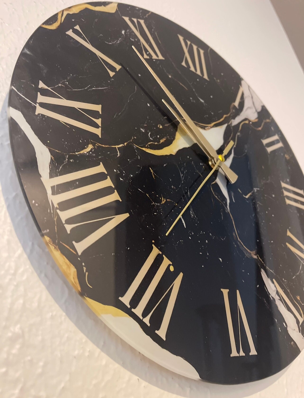 Glass Abstract Wall Clock Wall Art, Black Marbled Style Modern Roman ...