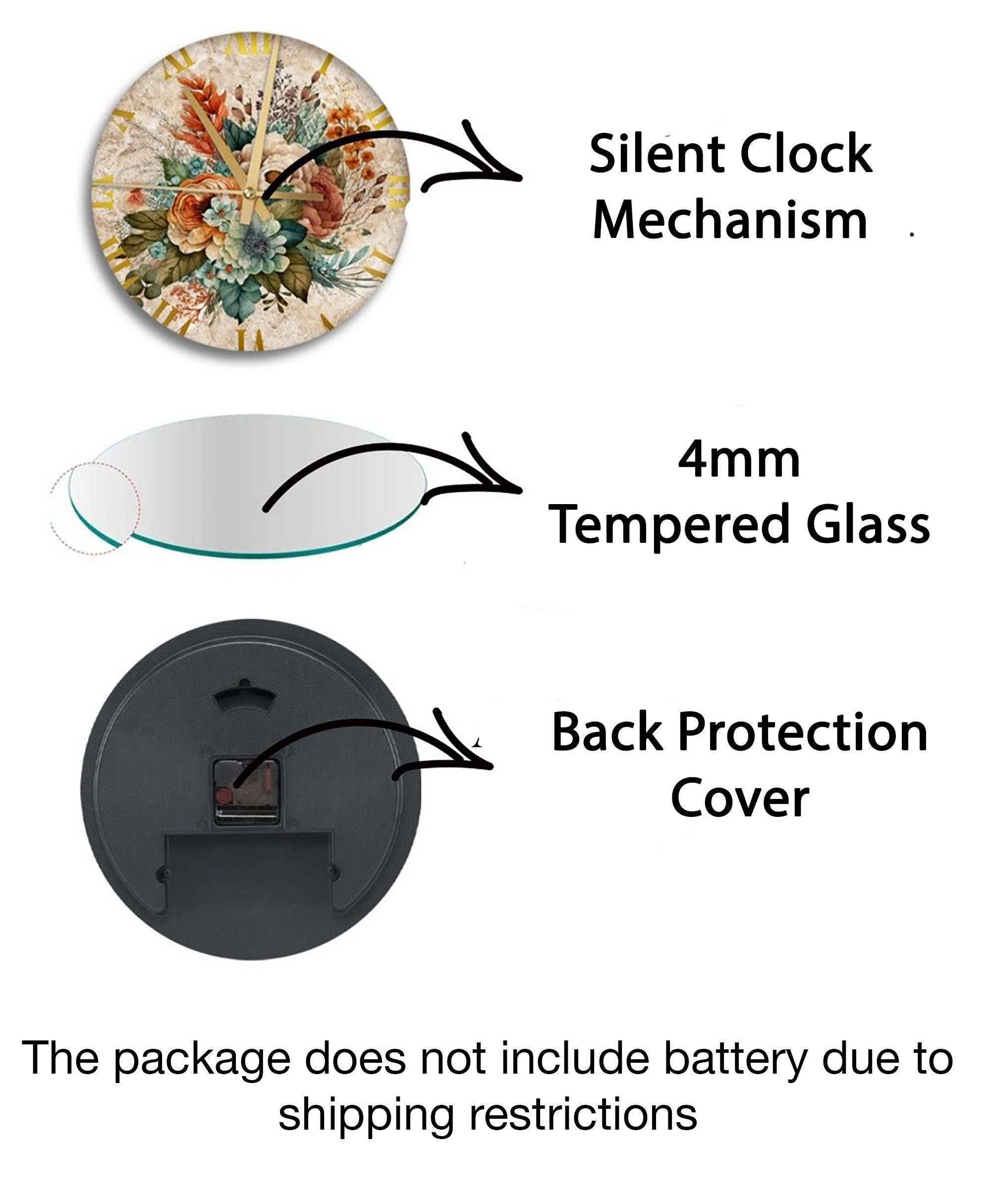 Glass Abstract Wall Clock Wall Art, Black Marbled Style Modern Roman ...