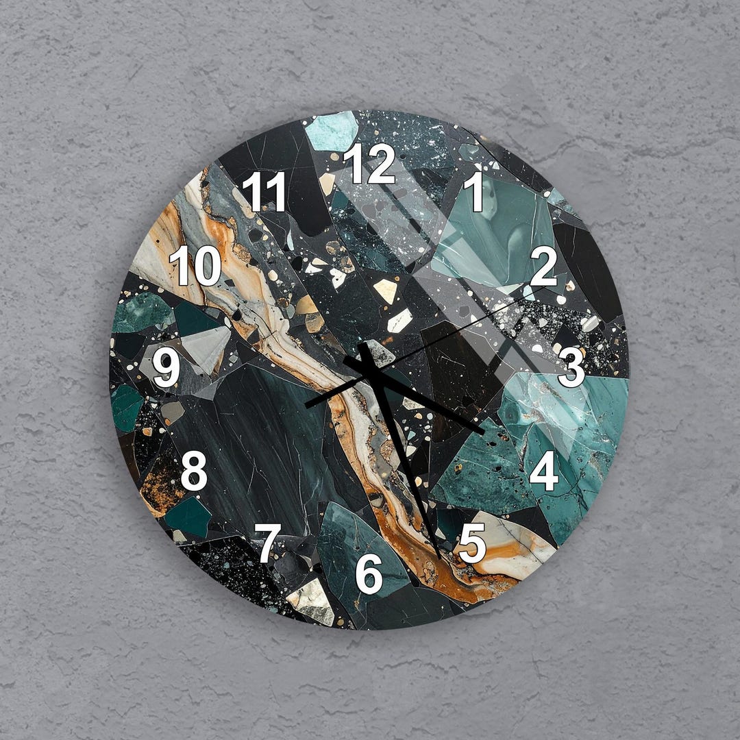 Green Terrazzo Wall Clock, Tempered Glass Decor, Abstract Marble Stone ...