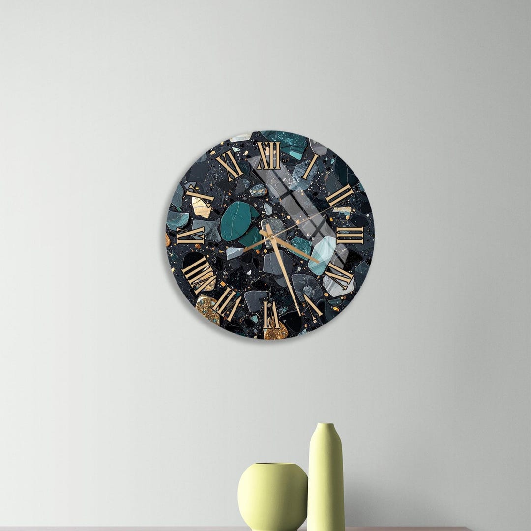 Terrazzo Wall Clock, Modern Abstract Stone Art, Black Gold Tempered ...