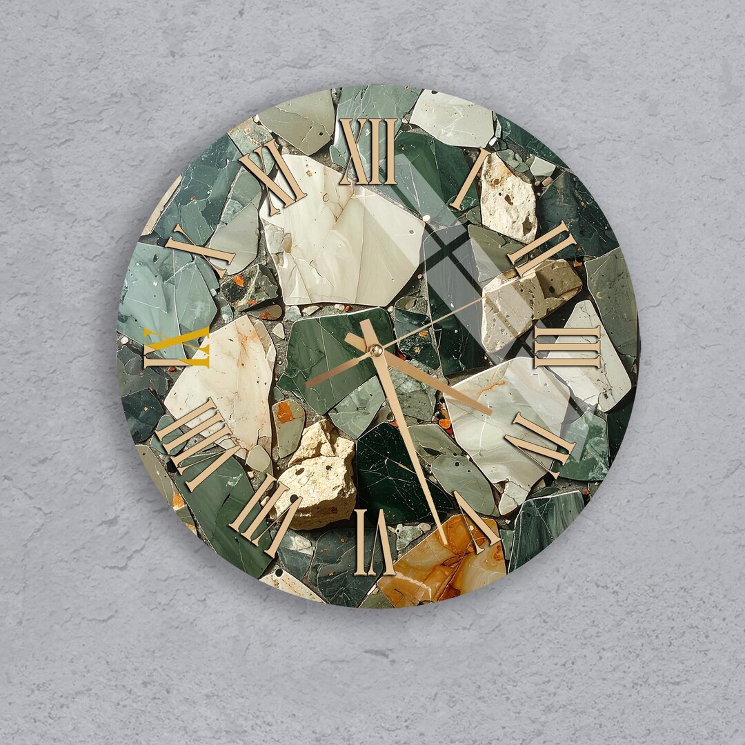 Green Marble Wall Clock, Terrazzo Stone Pattern, Large Tempered Glass ...