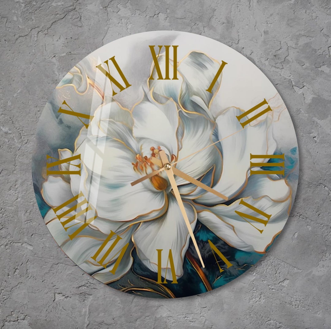 Glass White Flower Wall Clock Wall Art, Floral Tempered Glass Wall ...