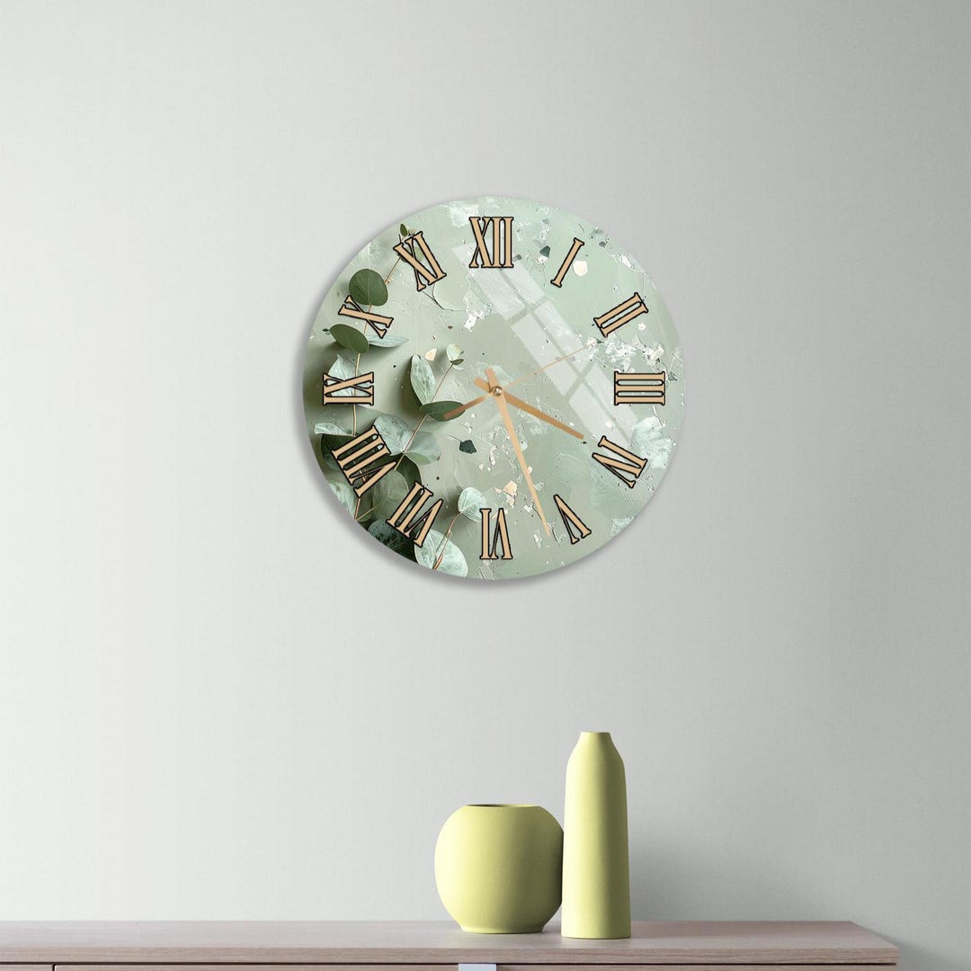 Sage Green Wall Clock, Eucalyptus Leaf Decor, Modern Farmhouse Art ...