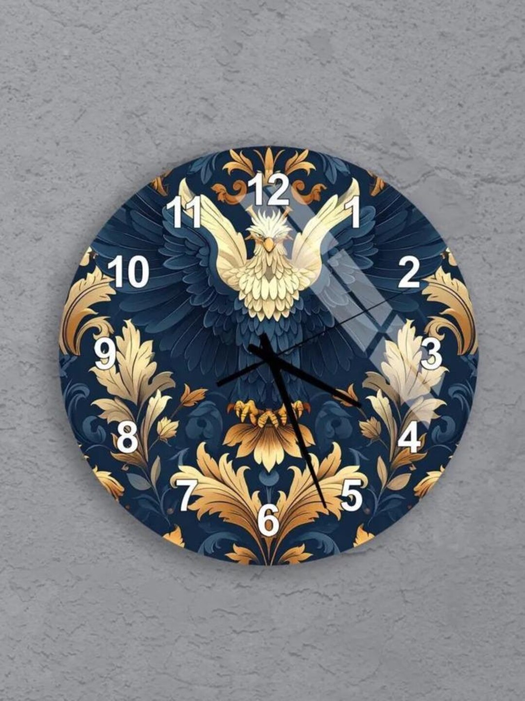 Golden Eagle Art Wall Clock: Navy Blue Gold Damask Pattern - Tempered ...