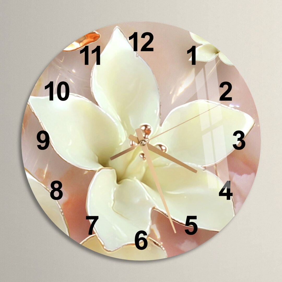 Glass White Flower Wall Clock Wall Art, Floral Pink Tempered Glass Wall ...