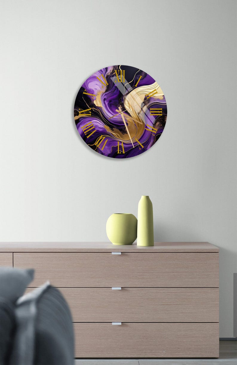 Tempered Glass Marble Style Wall Clock Wall Art, Abstract Purple Gold ...