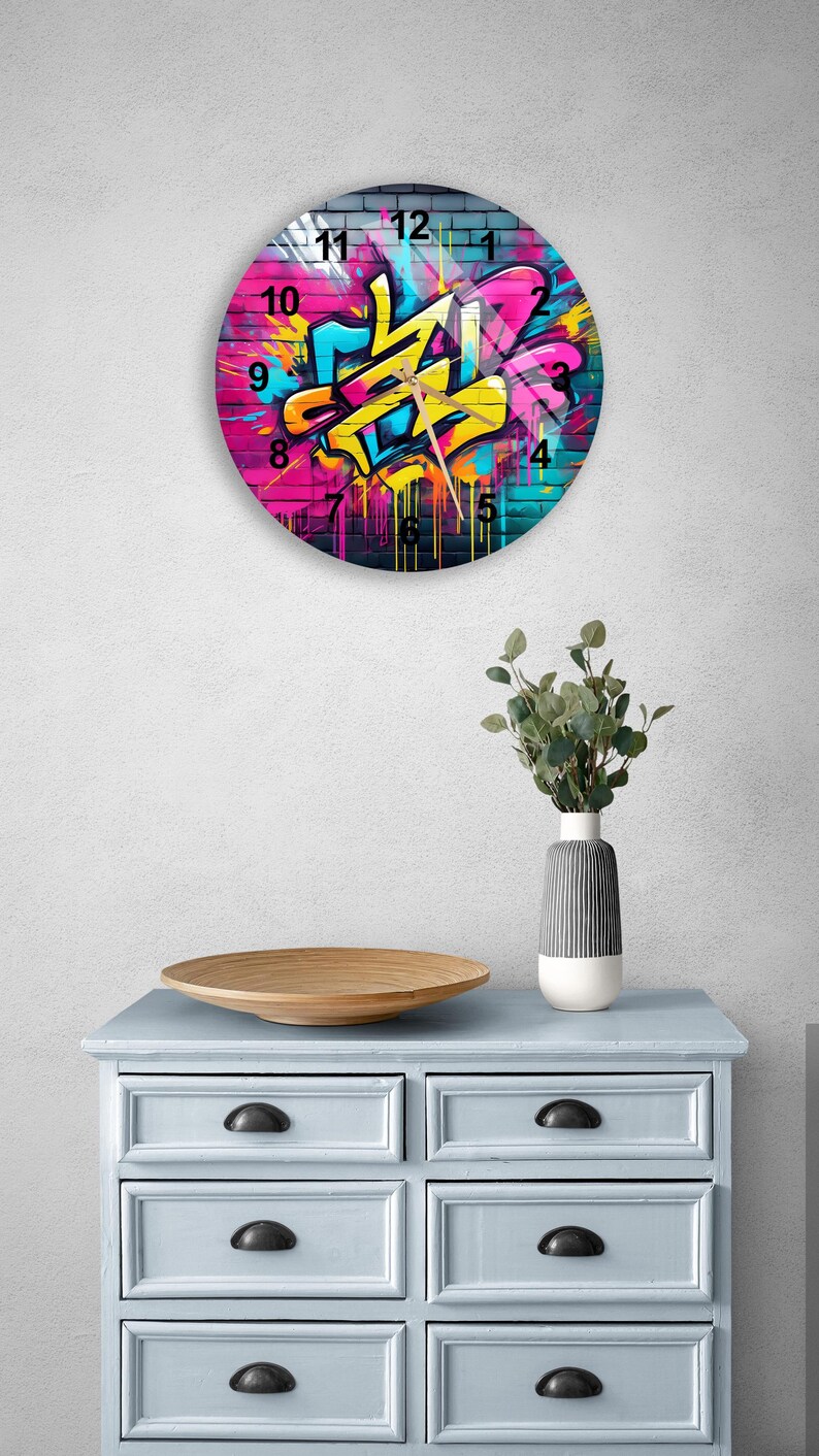 Graffiti Street Art Glass Wall Clock Decor, Cool Gift Idea, Modern ...
