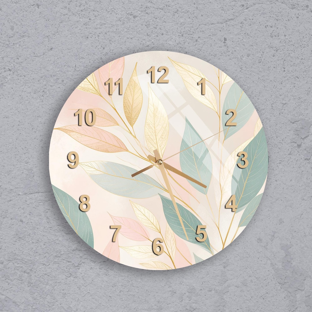 Elegant Leaf Tempered Glass Wall Clock, Botanical Gold Art - Minimalist ...