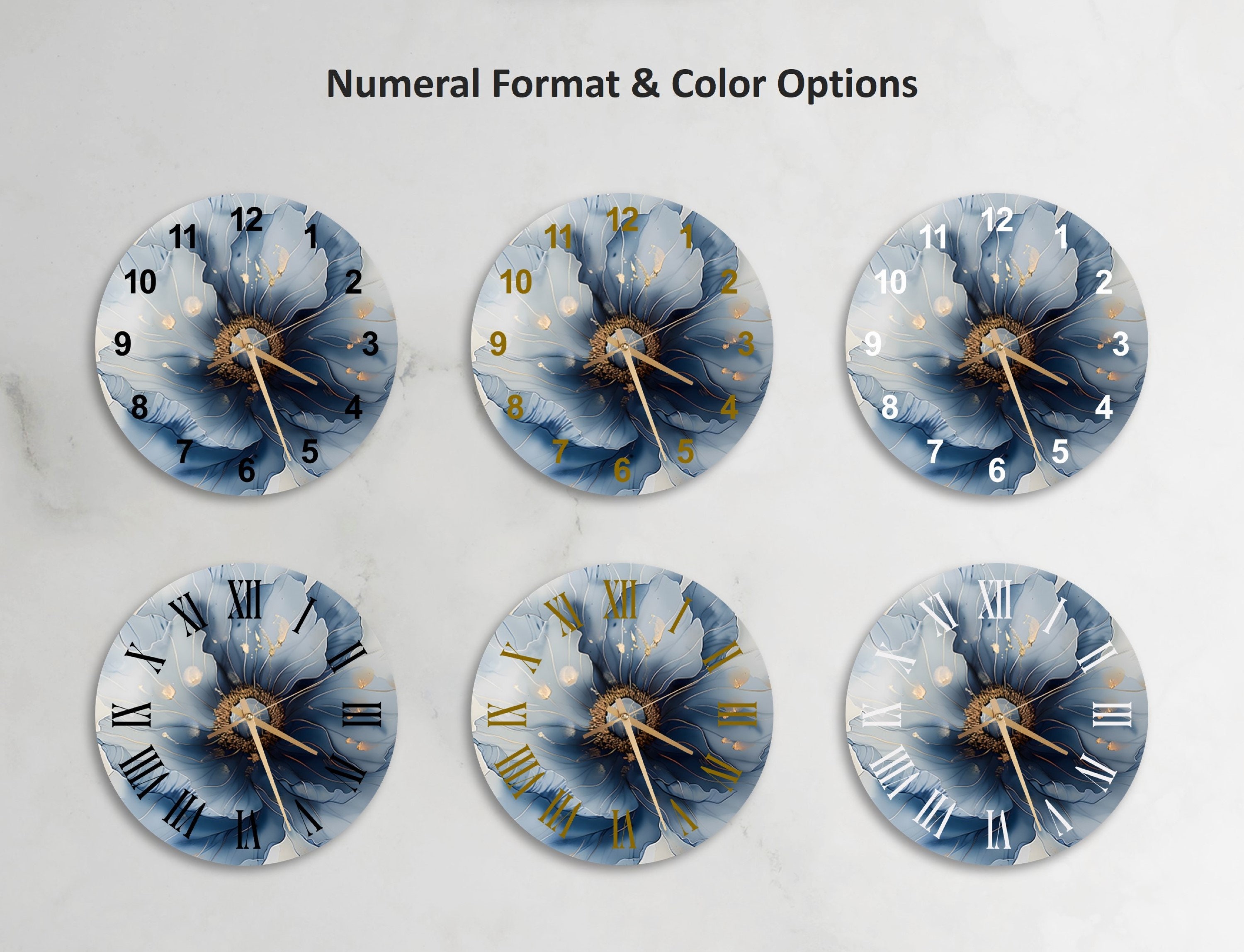 Glass Blue Flower Wall Clock Wall Art, Floral Tempered Glass Wall Clock ...