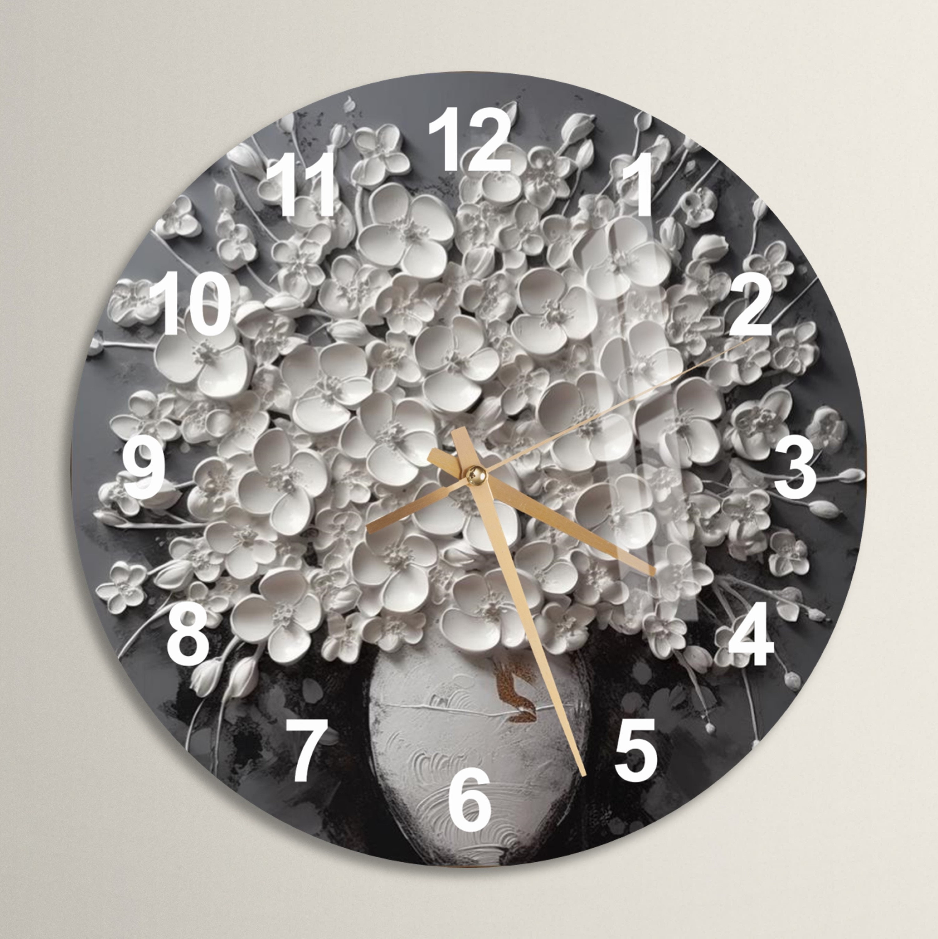 Glass White Flowers Wall Clock Wall Art, Floral Tempered Glass Wall ...