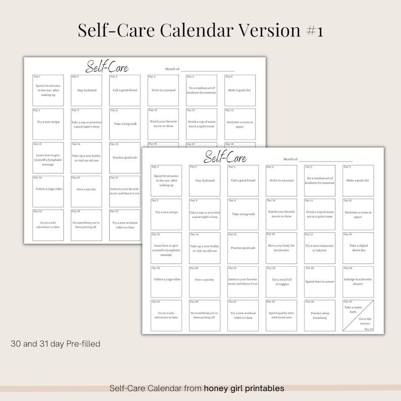 Self Care Calendar, Self Care Planner, Printable Calendar, Self Care ...