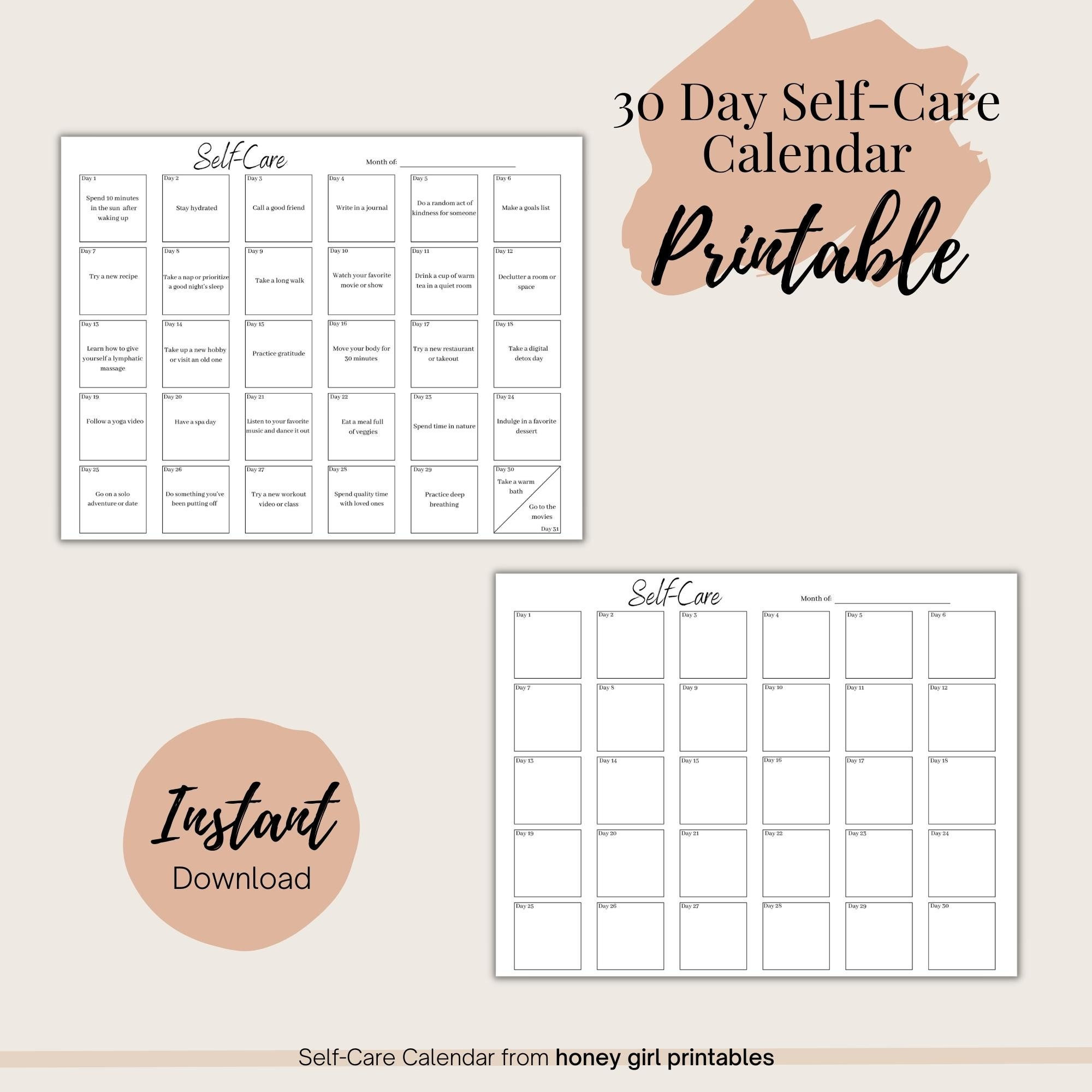 Self Care Calendar, Self Care Planner, Printable Calendar, Self Care ...