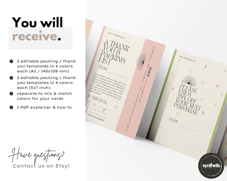 Editable Thank You Card & Printable Order Insert, Personalized Thank ...