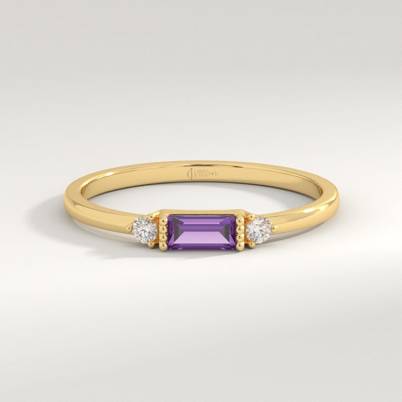 Baguette Amethyst Engagement Ring 14K Solid Gold Side Diamond, Amethyst ...
