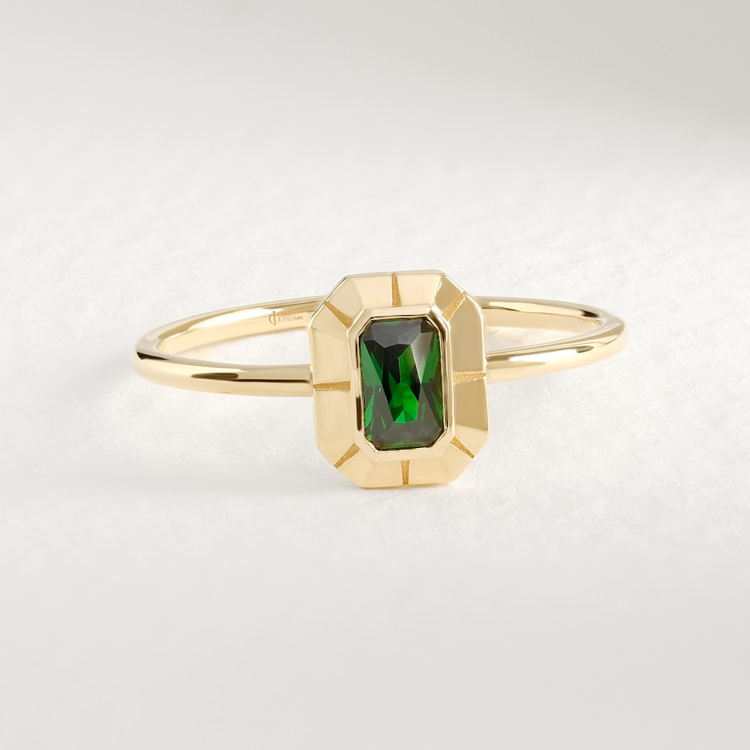 Bezel Emerald Emerald Cut Ring 14K Solid Gold Wedding Ring Art Deco ...