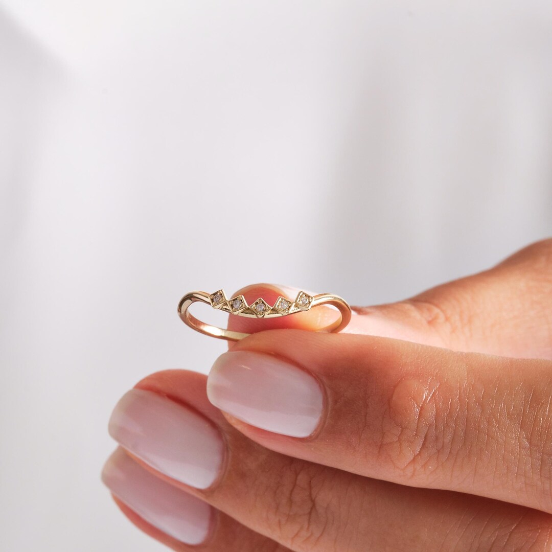 V Shaped Scatter Diamond Curved Wave Engagement Ring 14K Solid Gold, V ...