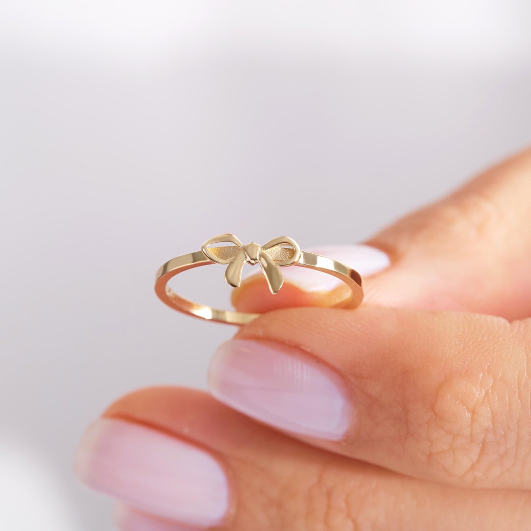 Ribbon Bow 14K Solid Gold Ring Women, Dainty Bowtie Stackable Ring Pretty Little Bowknot Ring ...