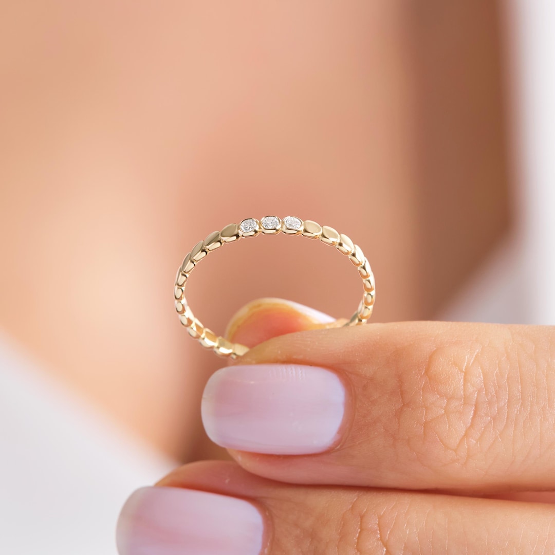 Three Diamond Wedding Ring 14K Solid Gold, Full Flat Bead Band 2 Mm ...