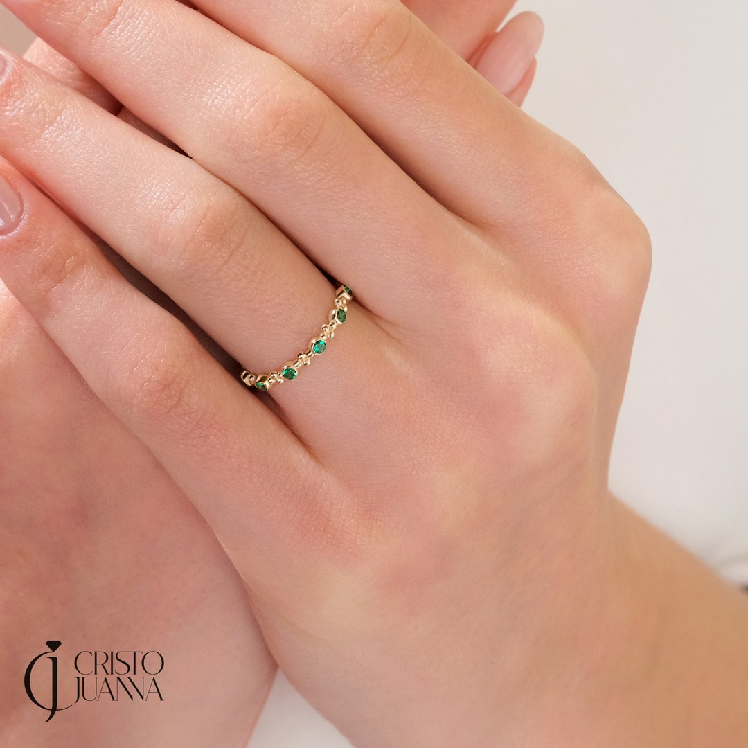 Emerald Green Band, 14K Solid Gold Rings Women, Minimalist Half ...