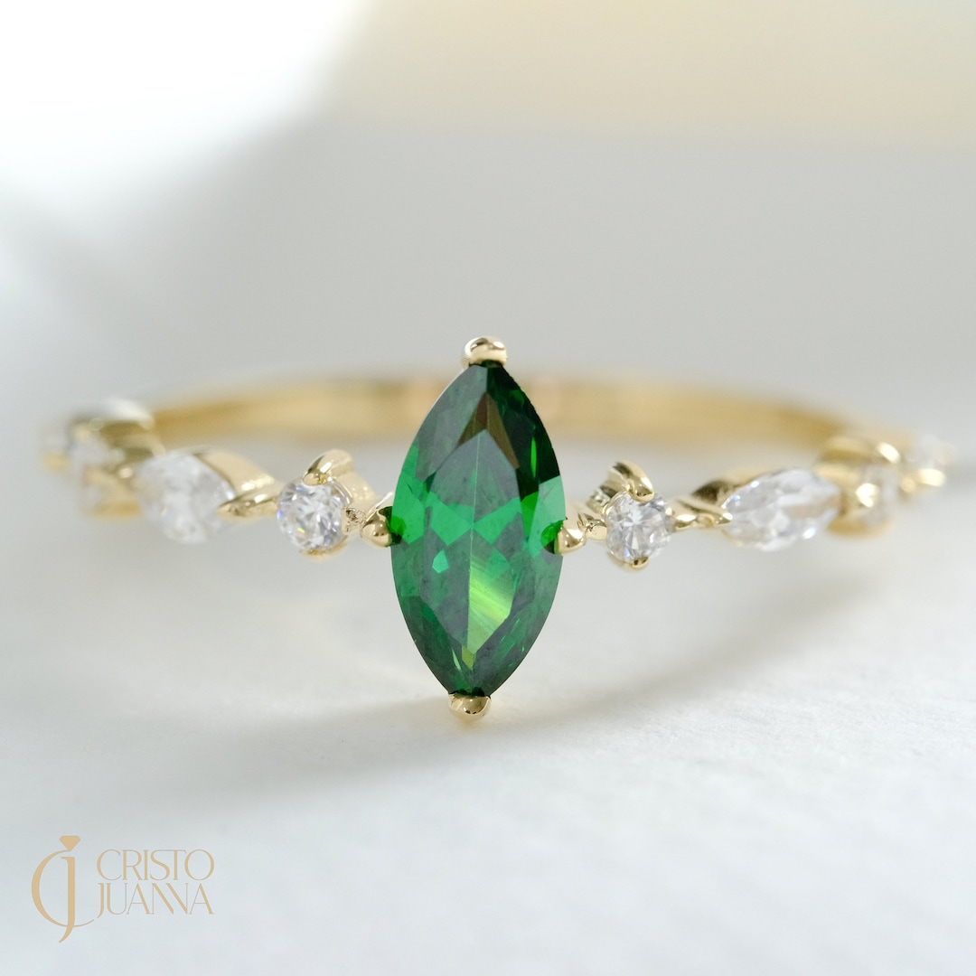 Marquise Emerald Engagement Ring, 14K Solid Gold Birthstone Ring With Simulated Diamond, Large ...
