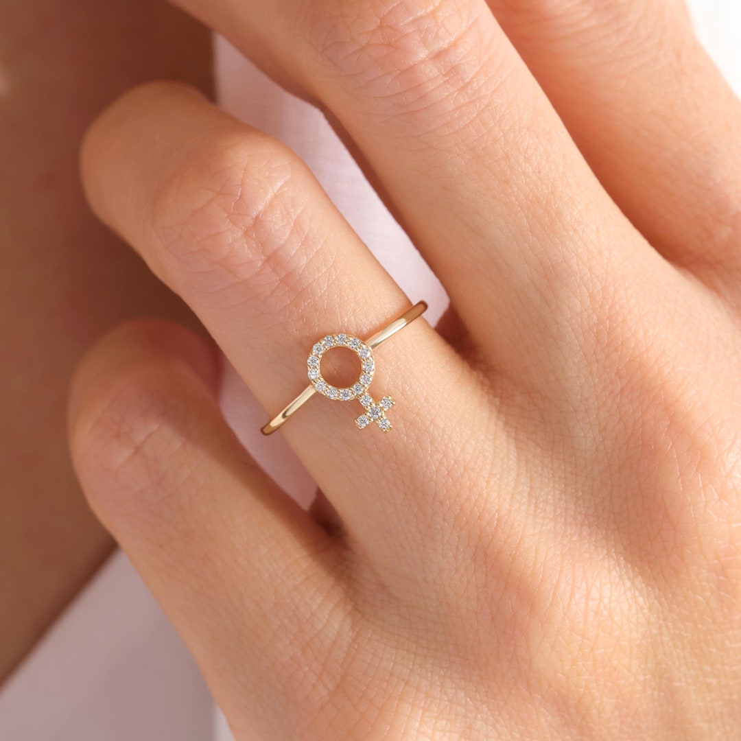 Female Symbol Ring Tiny Diamond 14K Solid Gold Band, Diamond Women ...