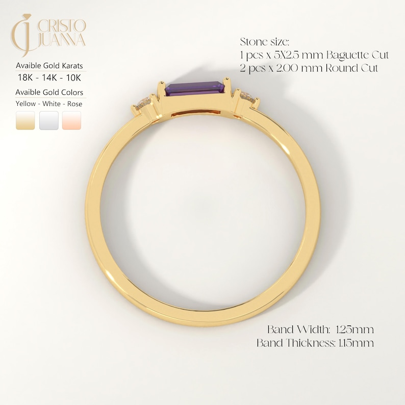 Baguette Amethyst Engagement Ring 14K Solid Gold Side Diamond, Amethyst ...