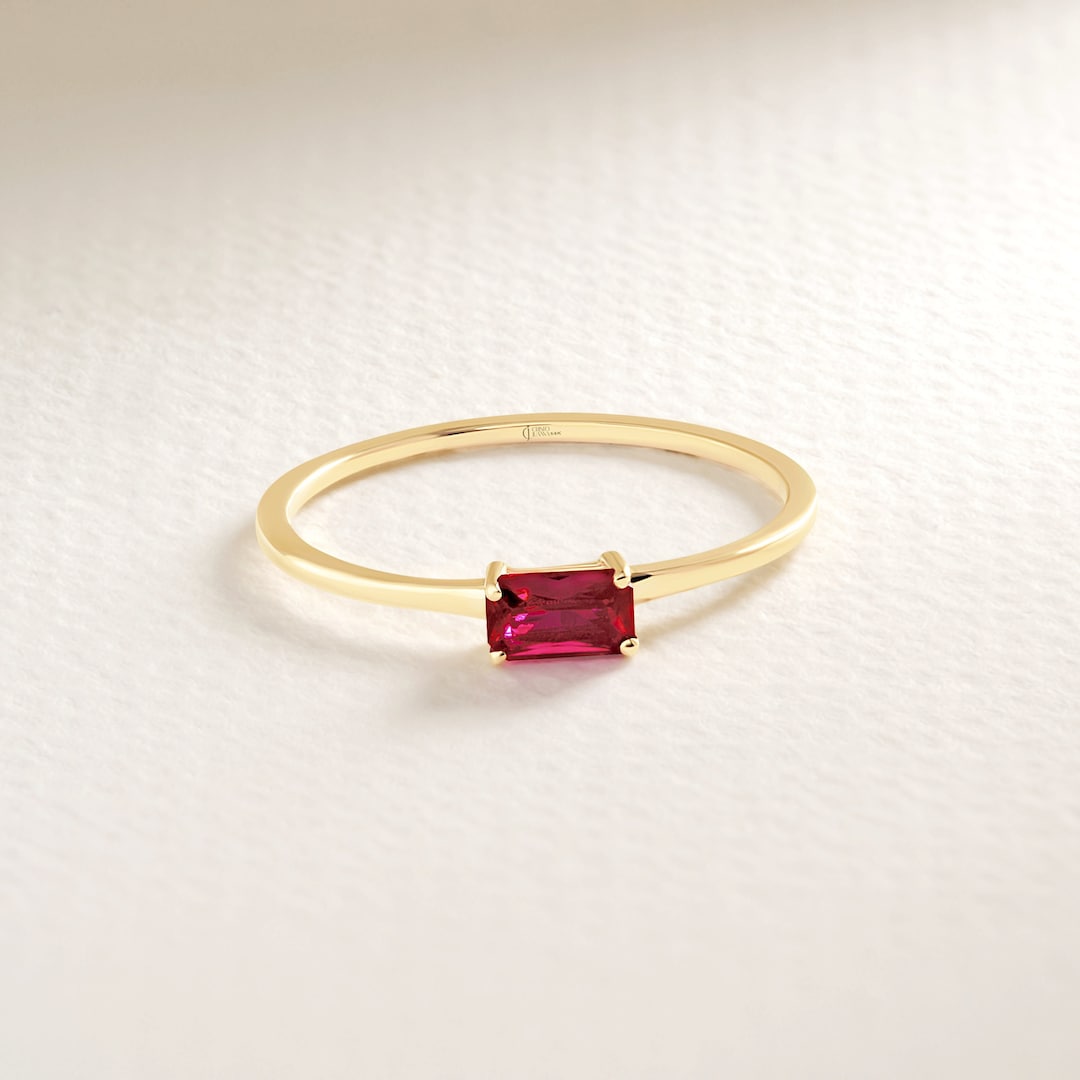 Baguette Ruby Ring 14K Solid Gold Birthstone Ring, Single Birth Stone ...