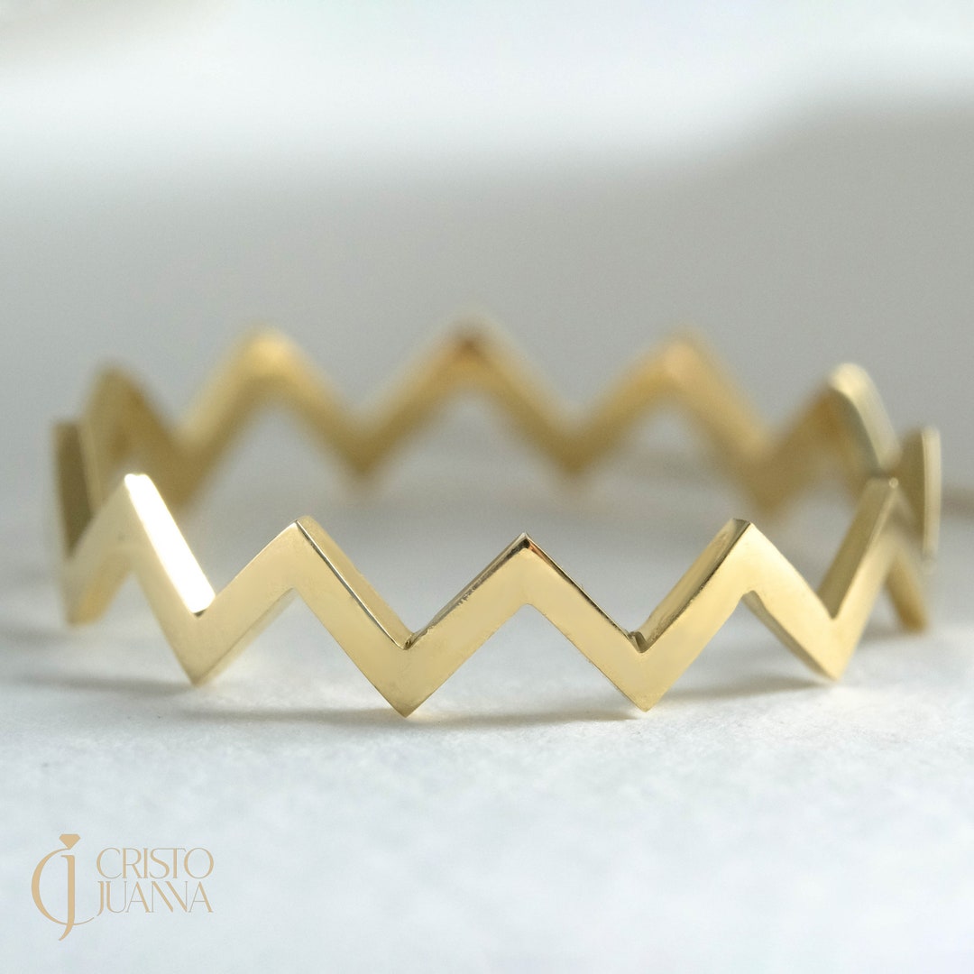 High and Low Ring 14K Solid Gold Double Wave Zig Zag Band, Ups and Down ...