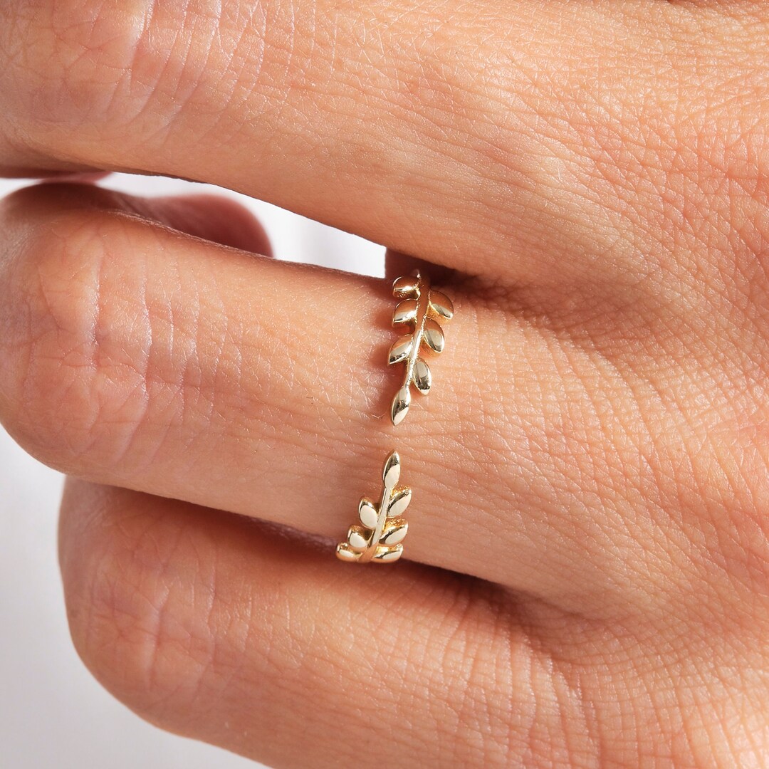 Open Leaf Ring 14K Solid Gold Floral Band, Adjustable Tree Branch Ring Ivy Leaves Ring for Women ...