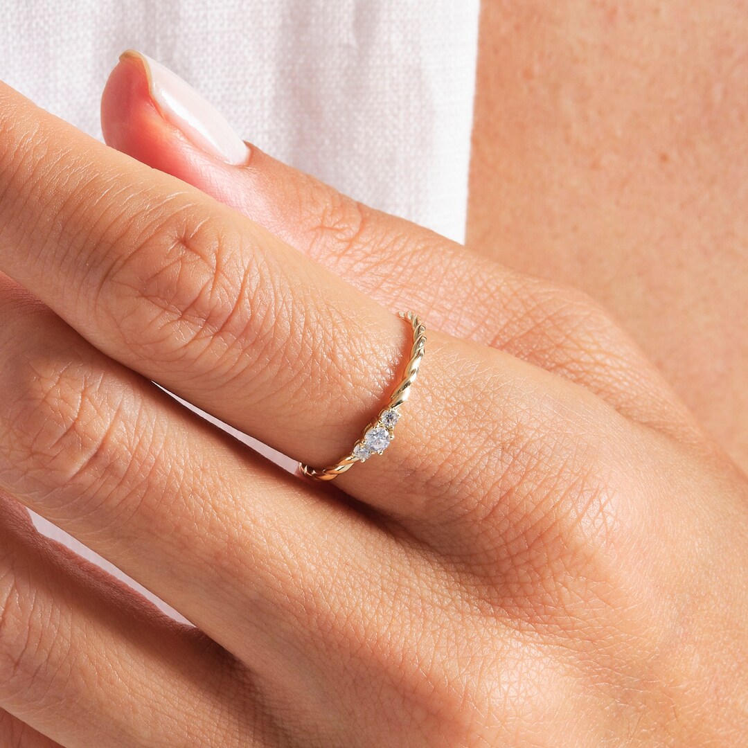 14K Gold Twisted Rope Stackable Ring With Simulated Diamond, Braided Stacking Band Women, Oval ...