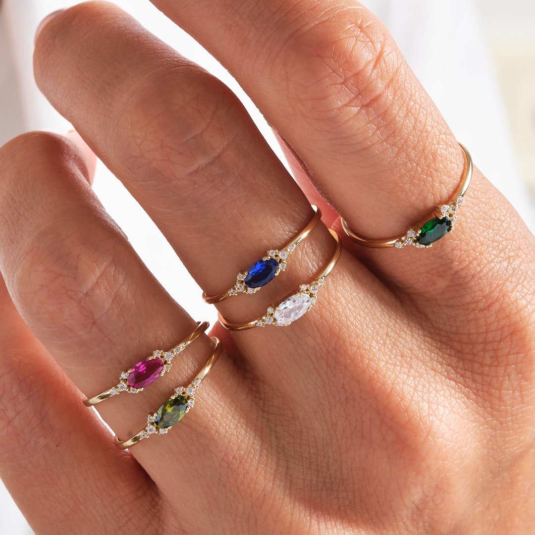 Custom Oval Birthstone Dotted Diamond Ring, 14K Gold Family Gemstone ...