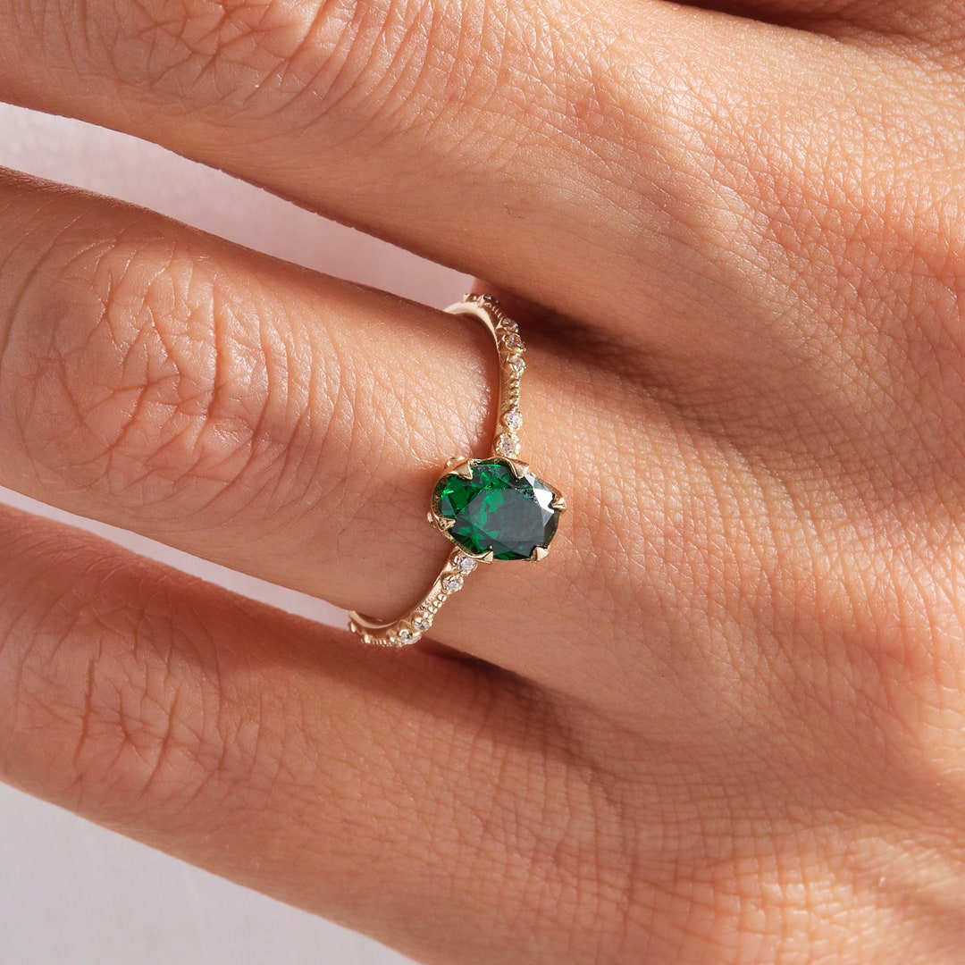 Oval Birthstone Diamond Engagement Ring, Personable May Emerald Birth ...