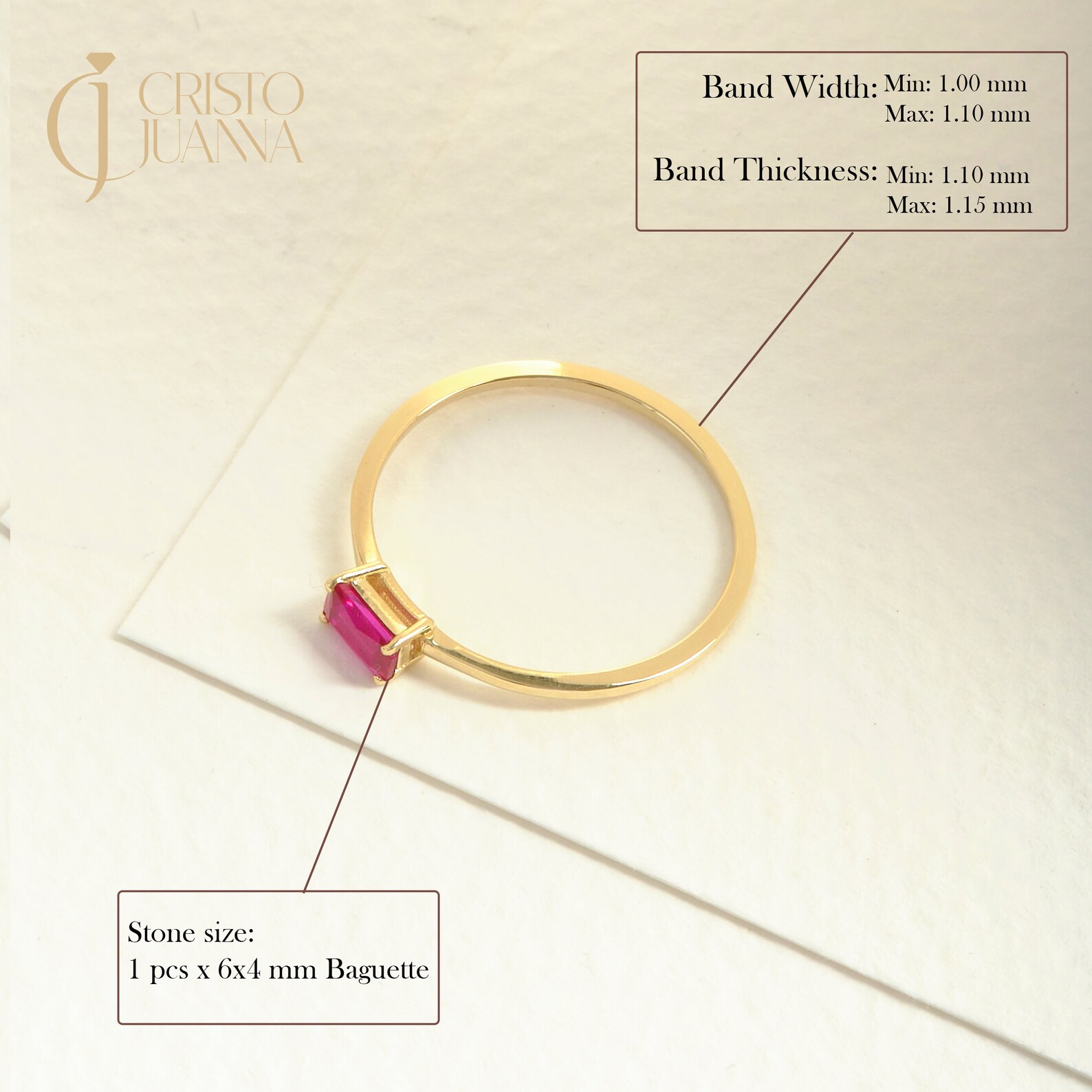 14K Gold Baguette Ruby Birth Stone Ring, 18K Gold Emerald Cut Personal ...