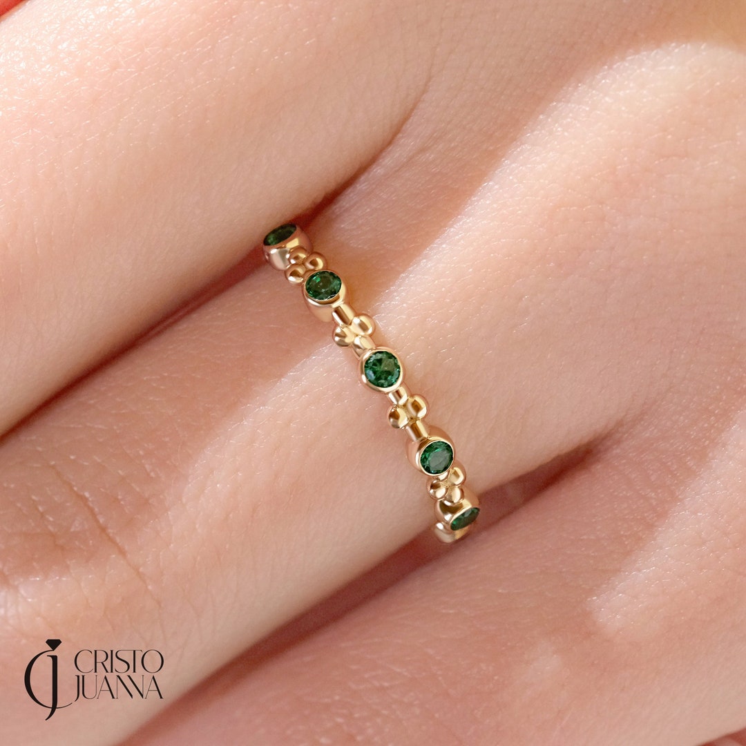Emerald Green Band, 14K Solid Gold Rings Women, Minimalist Half Stacking Birthstone Ring Gift ...