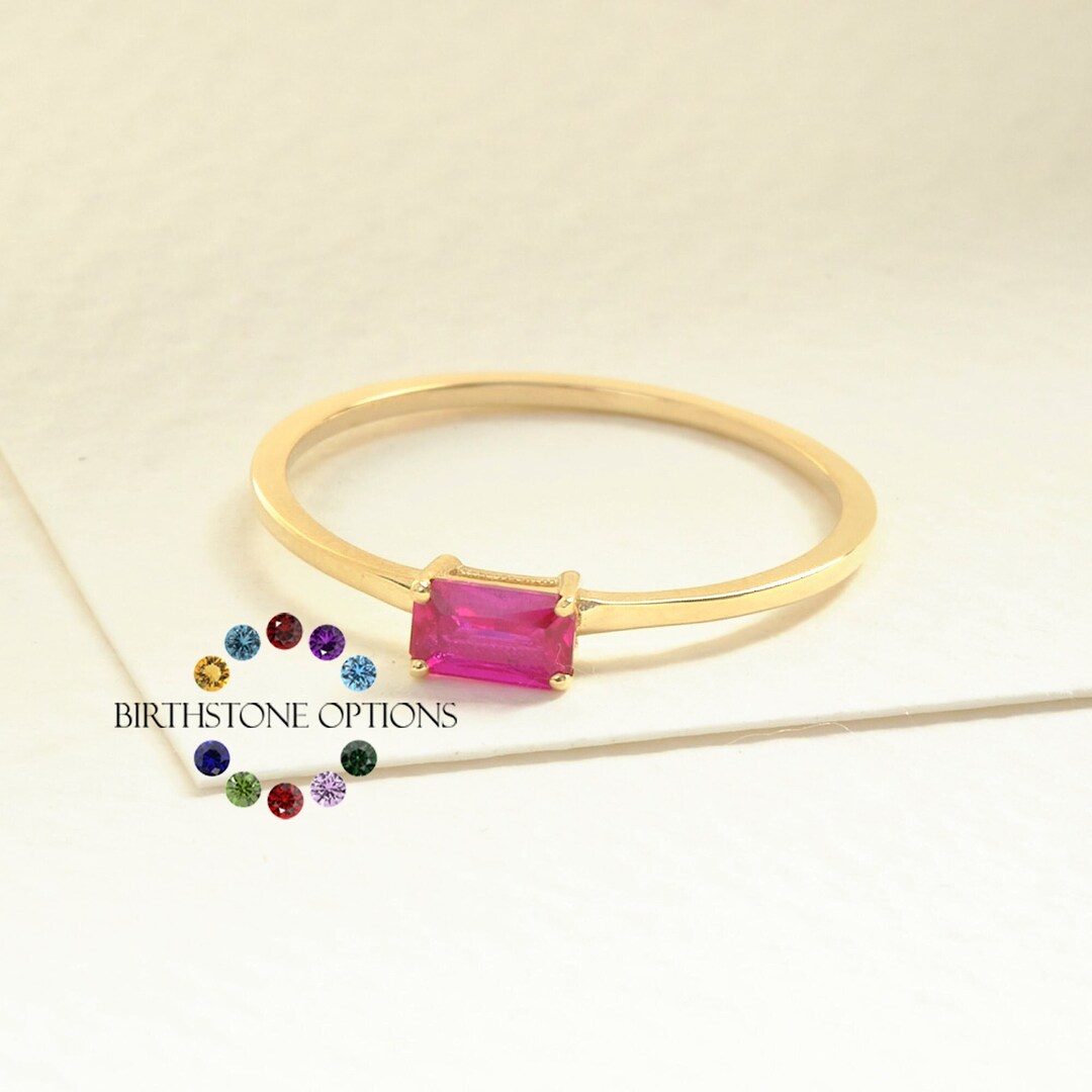 14K Gold Baguette Ruby Birth Stone Ring, 18K Gold Emerald Cut Personal ...