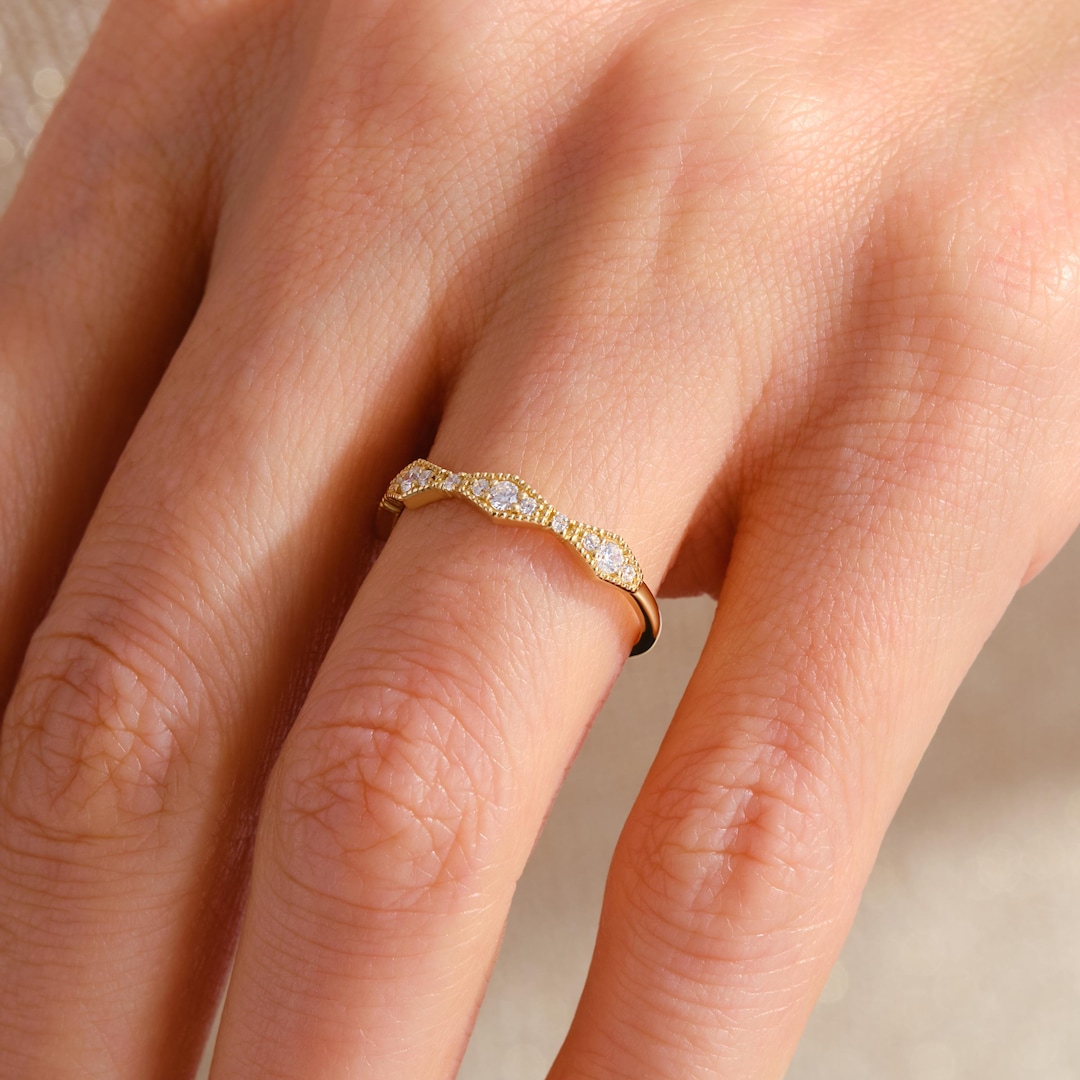 Petite Diamond Wedding Band in 14K Solid Yellow Gold Wedding Ring ...