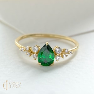 Pear Emerald Engagement Ring Thin Cluster Diamond 14K Solid Gold Raindrop Birthstone Wedding ...