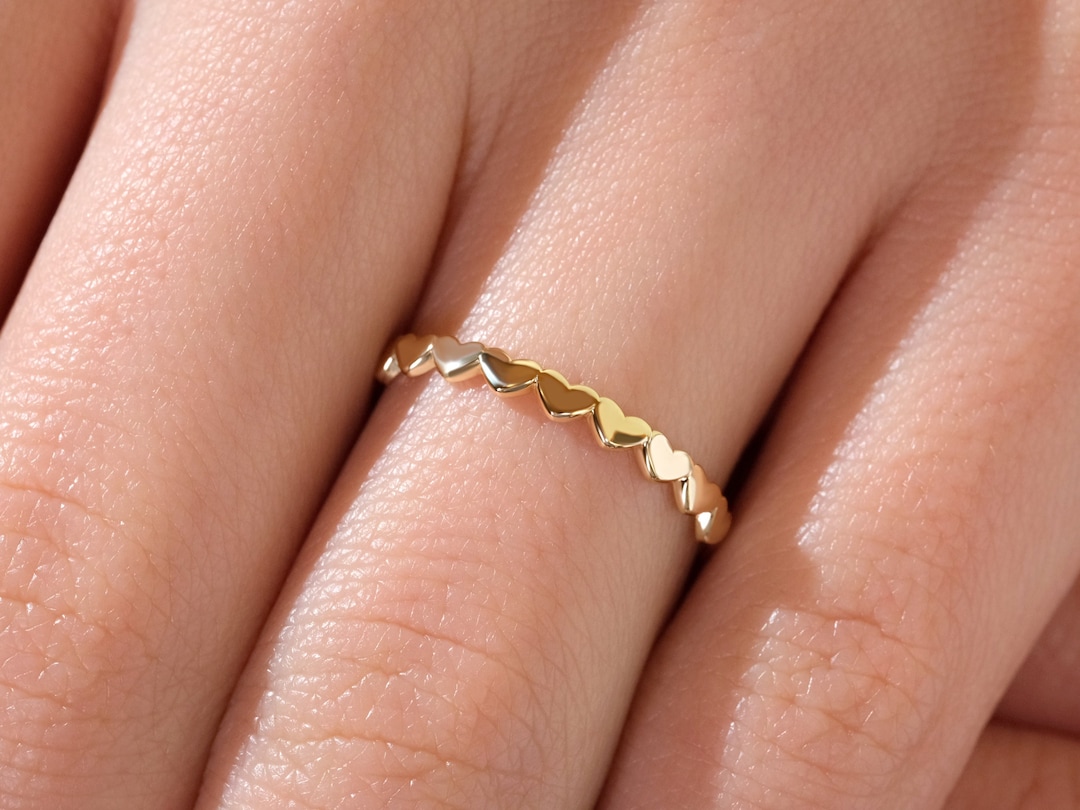 Cute Tiny Heart Ring, 14K Gold Skinny Stacking Ring Girl, Minimalistic Heart Shaped Stacked Band ...