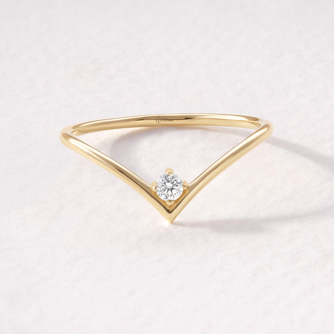 Round Diamond Curved V Engagement Ring, Chevron Combine Wedding Ring ...