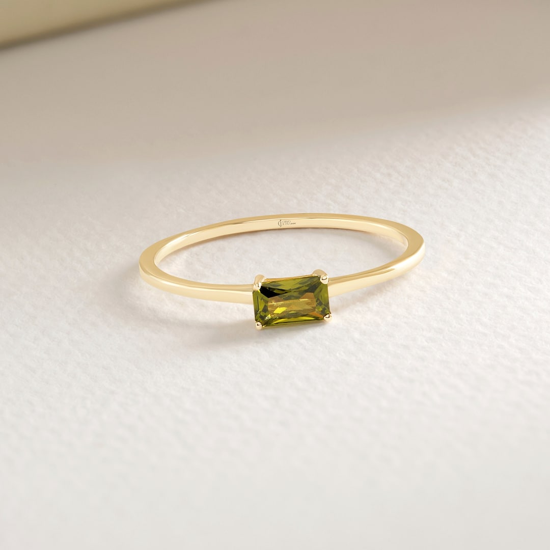 14K Solid Gold Emerald Cut Peridot Ring Rectangular Birthstone Rings ...