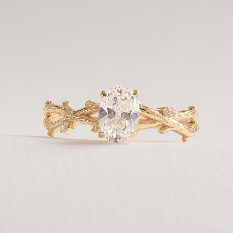 Oval Diamond Engagement Ring 14K Solid Gold Leaf Floral Wedding Rings ...