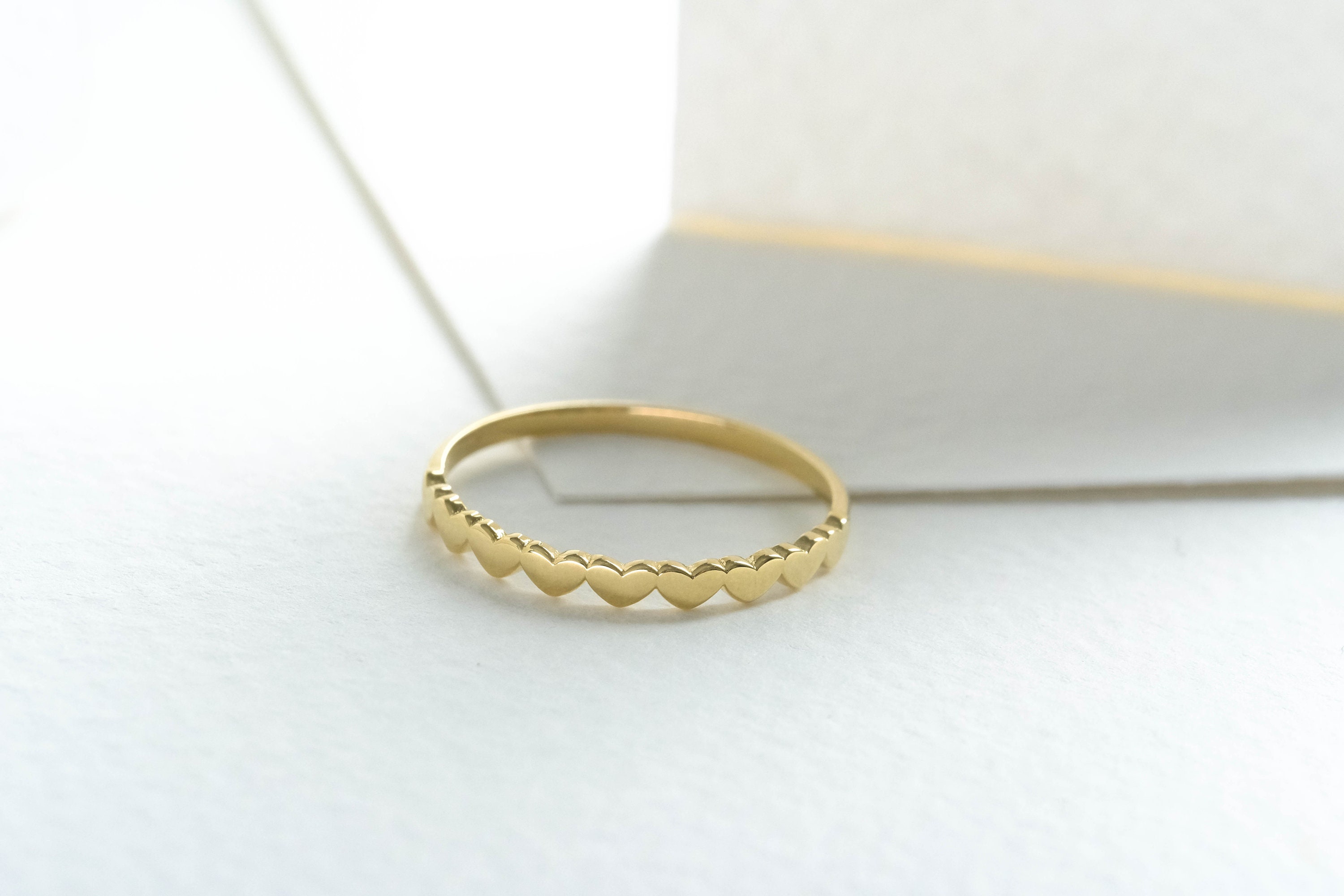 14K Gold Tiny Heart Ring, Minimalistic Hearts Shaped Stacked Band ...
