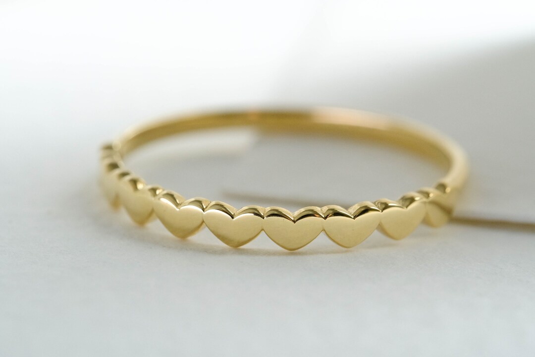 Cute Tiny Heart Ring, 14K Gold Skinny Stacking Ring Girl, Minimalistic Heart Shaped Stacked Band ...