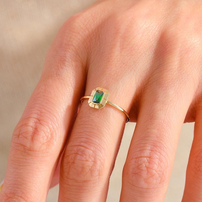 Bezel Emerald Emerald Cut Ring 14K Solid Gold Wedding Ring Art Deco ...