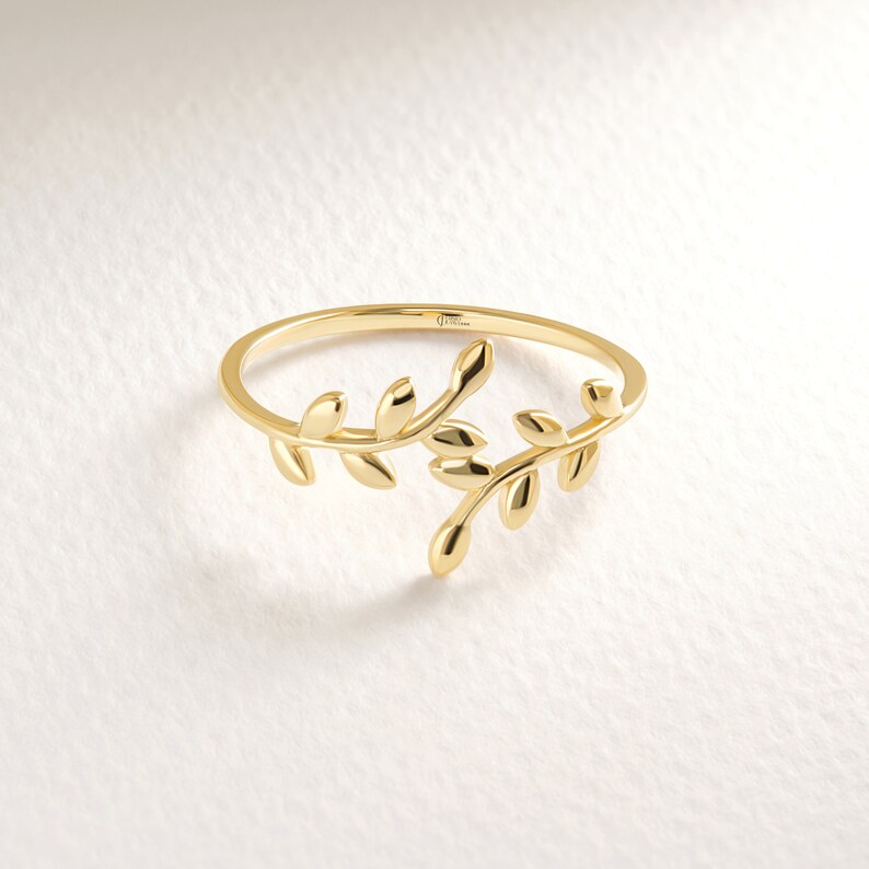 14K Gold Open Leaf Branch Ring, Adjustable Tree Leaves Stackable Band ...