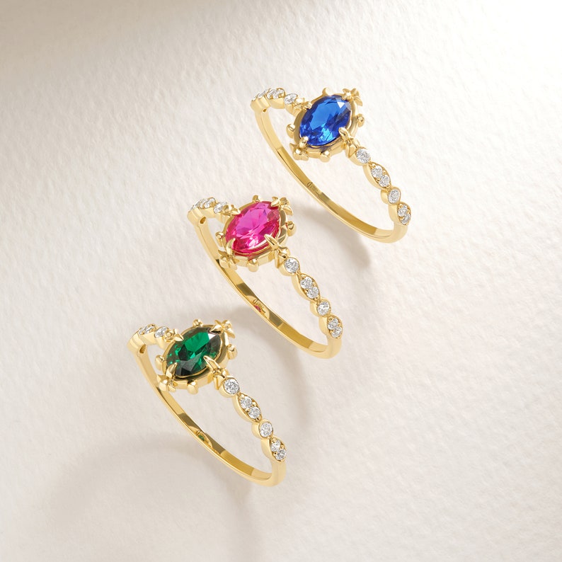 Vintage Style Emerald Ring Art Deco 14K Solid Gold Side Diamond Band ...